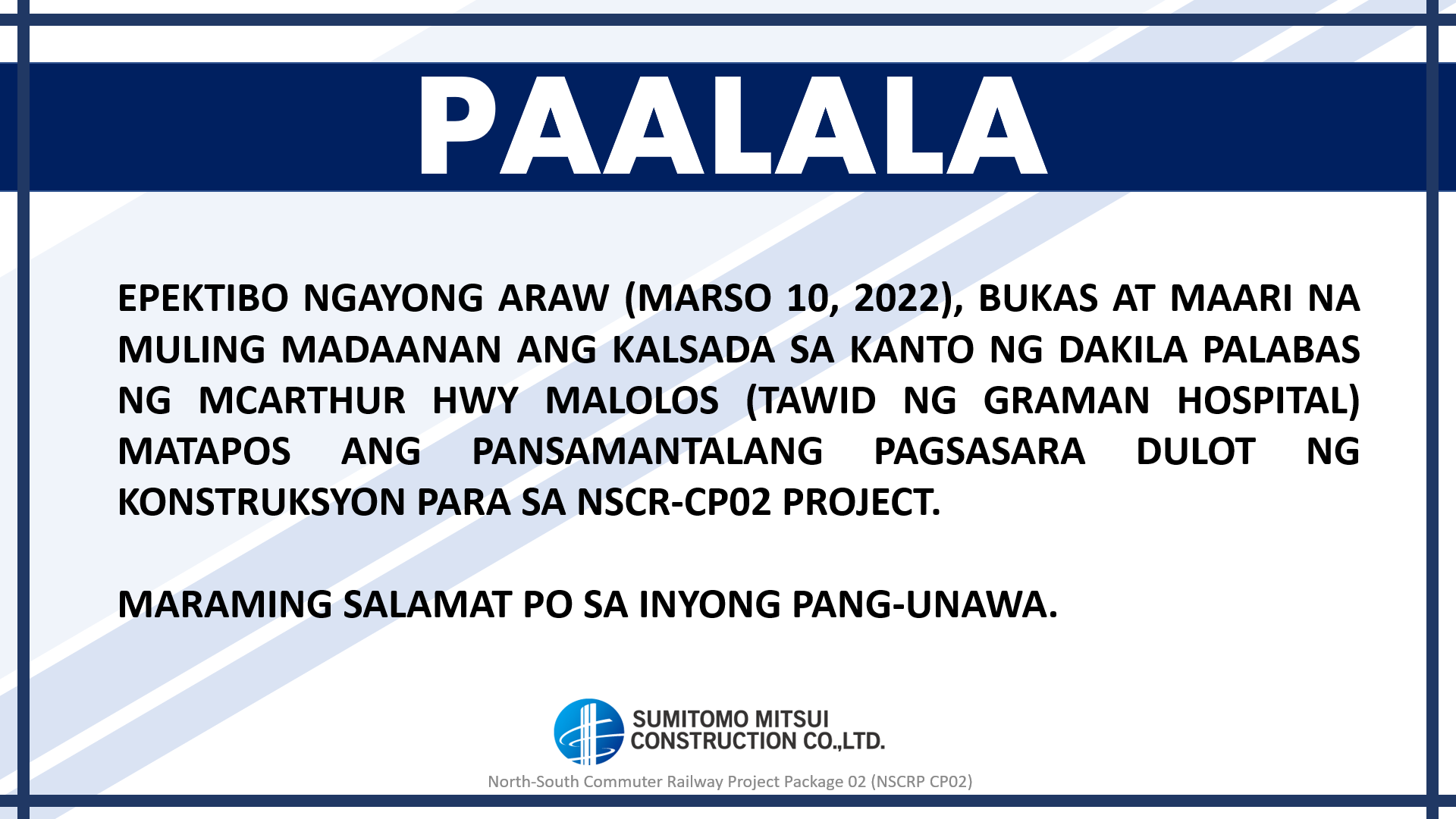 Malolos Road Closure Advisory – SUMITOMO MITSUI CONSTRUCTION CO., LTD.
